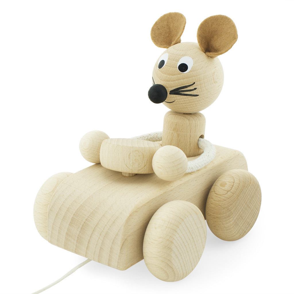 Wooden Pull Along Toy Mouse with Car - Happy Go Ducky