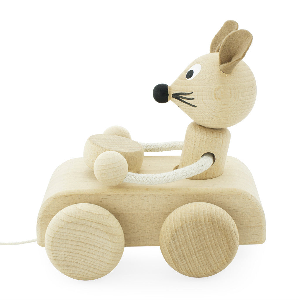 Wooden Pull Along Toy Mouse with Car - Happy Go Ducky